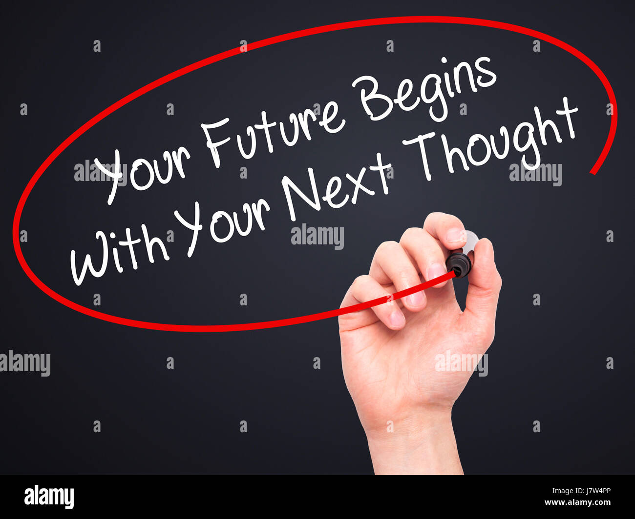 Man Hand writing Your Future Begins With Your Next Thought with black ...