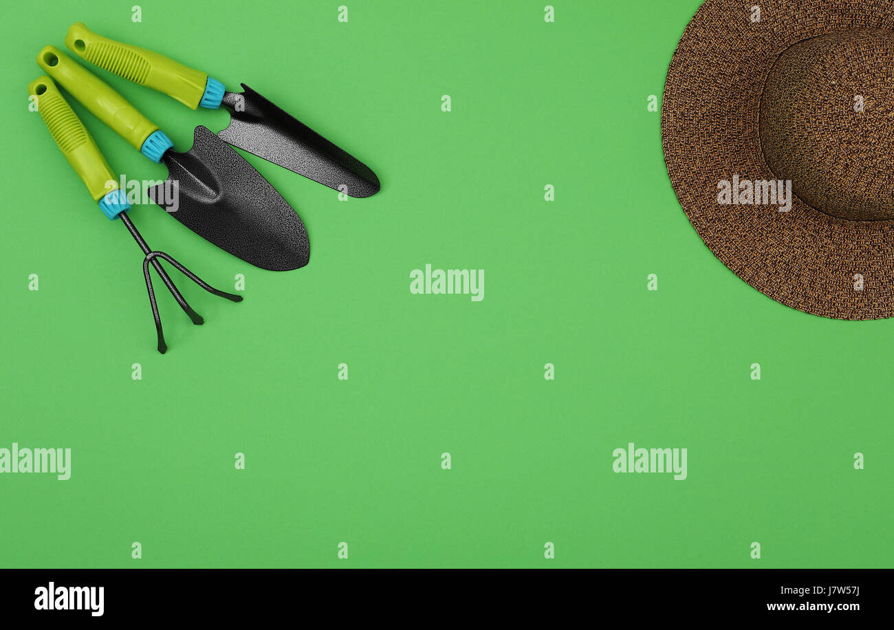 Gardening tools on a green background Stock Photo - Alamy