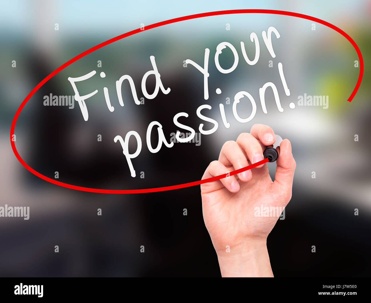 Man Hand writing Find your passion! with marker on transparent wipe ...
