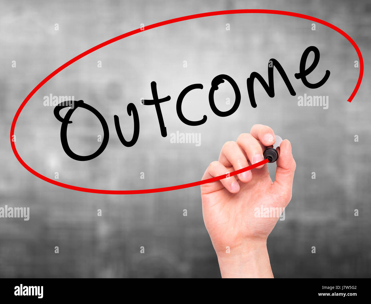 Man Hand writing Outcome with marker on transparent wipe board ...