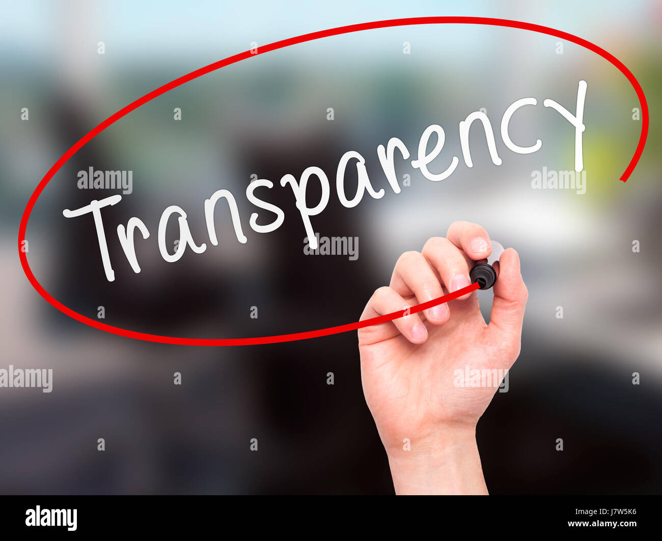 Man Hand writing Transparency with marker on transparent wipe board ...