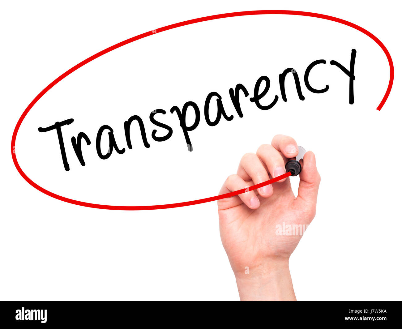 Man Hand writing Transparency with marker on transparent wipe board ...