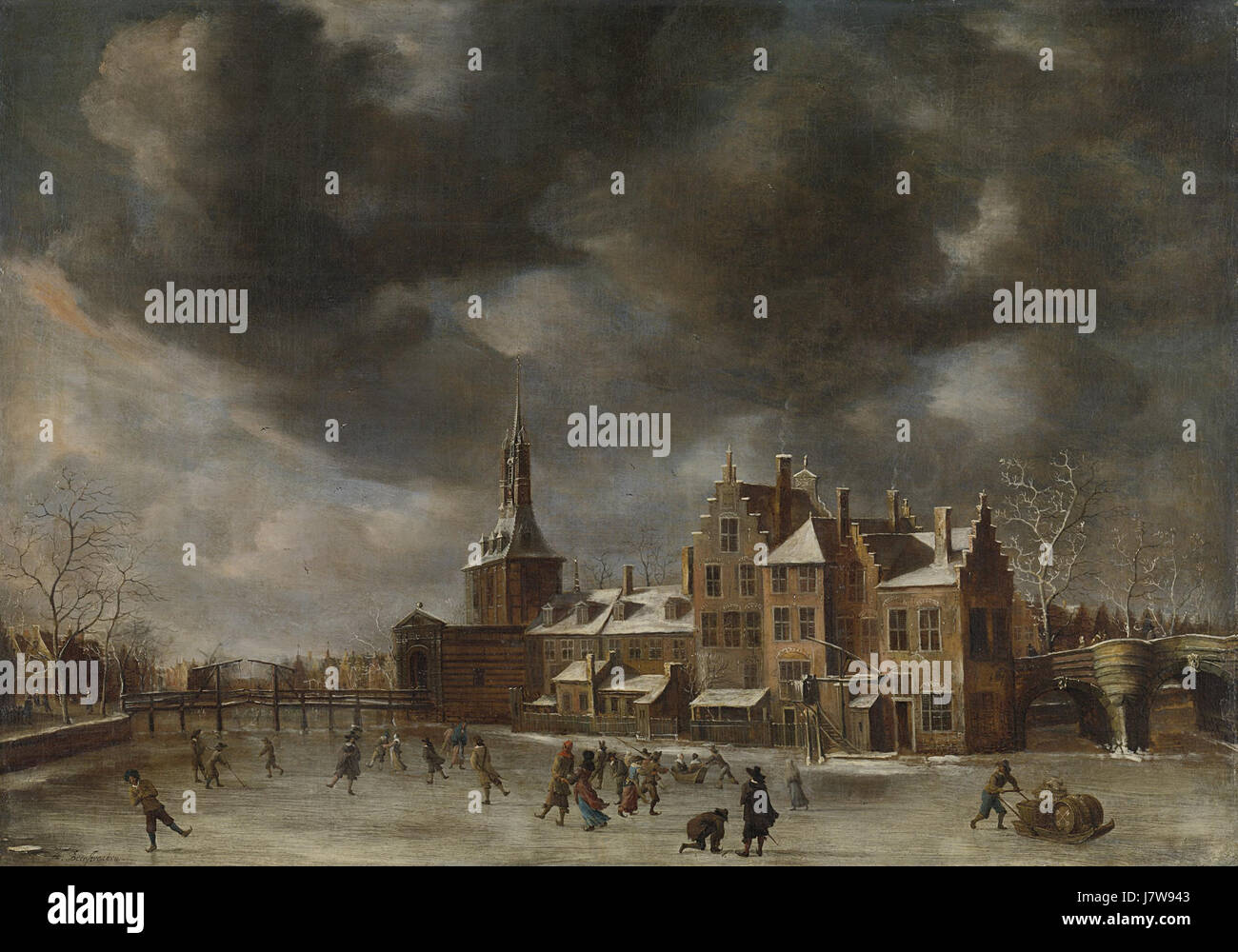 This winter scene, titled 'De Blauwpoort te Leiden,' depicts the famous ...