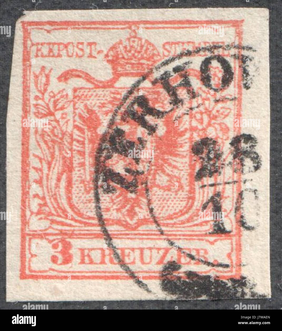 This stamp, issued in Austria in 1850, features a 3 Kreuzer value from ...