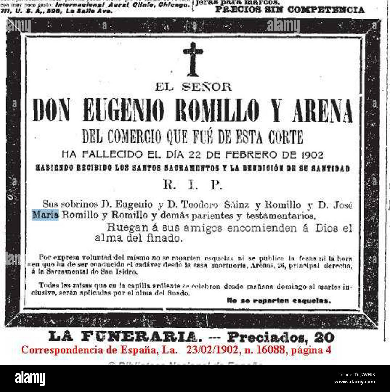An obituary from 1902 commemorates the life of Eugenio Romillo Arena ...