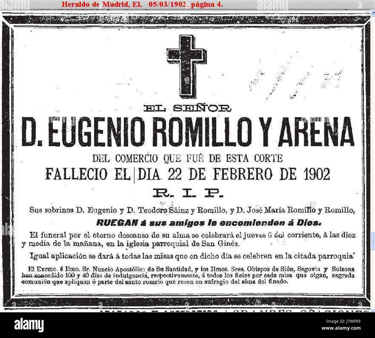 The obituary of Eugenio Romillo Arena, published in 1902 in 'Heraldo ...