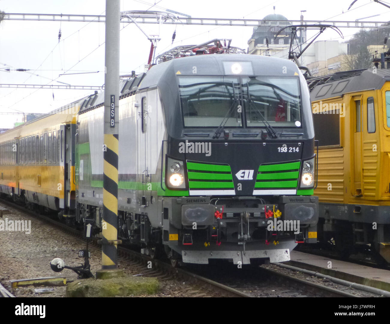 The image depicts trains of RegioJet, a Czech private railway operator ...