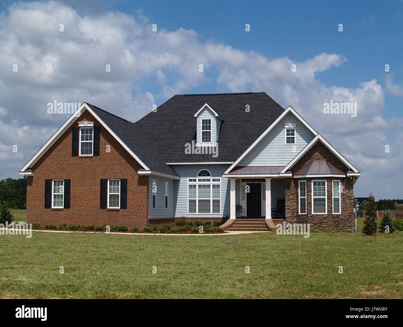 house building brick real estate gable exterior home private blue house ...