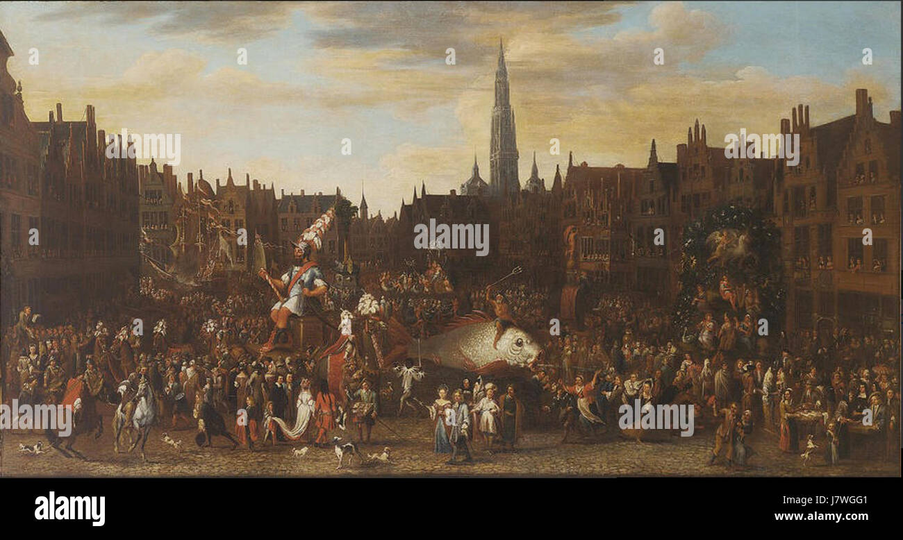 A painting by Alexander van Bredael depicting the Ommegang procession in Antwerp, showcasing the ...
