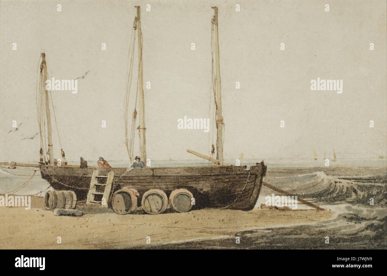 This watercolor painting by Samuel Prout depicts a beached fishing boat ...