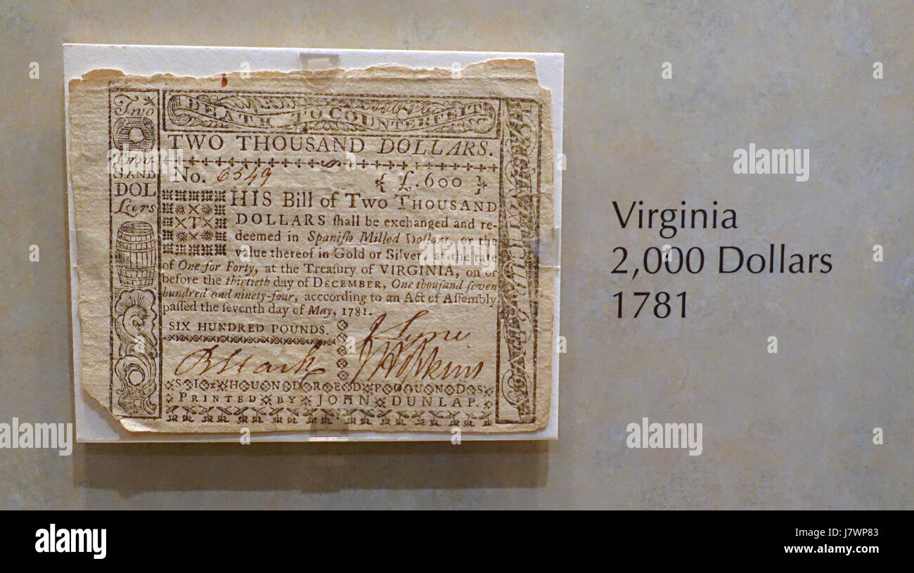 The 2,000 Dollar note from Virginia, dated 1781, is a historical piece ...