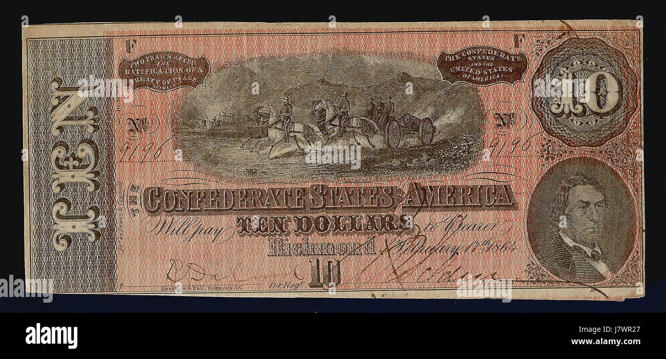 This image depicts the obverse of a $10 banknote from the Confederate ...