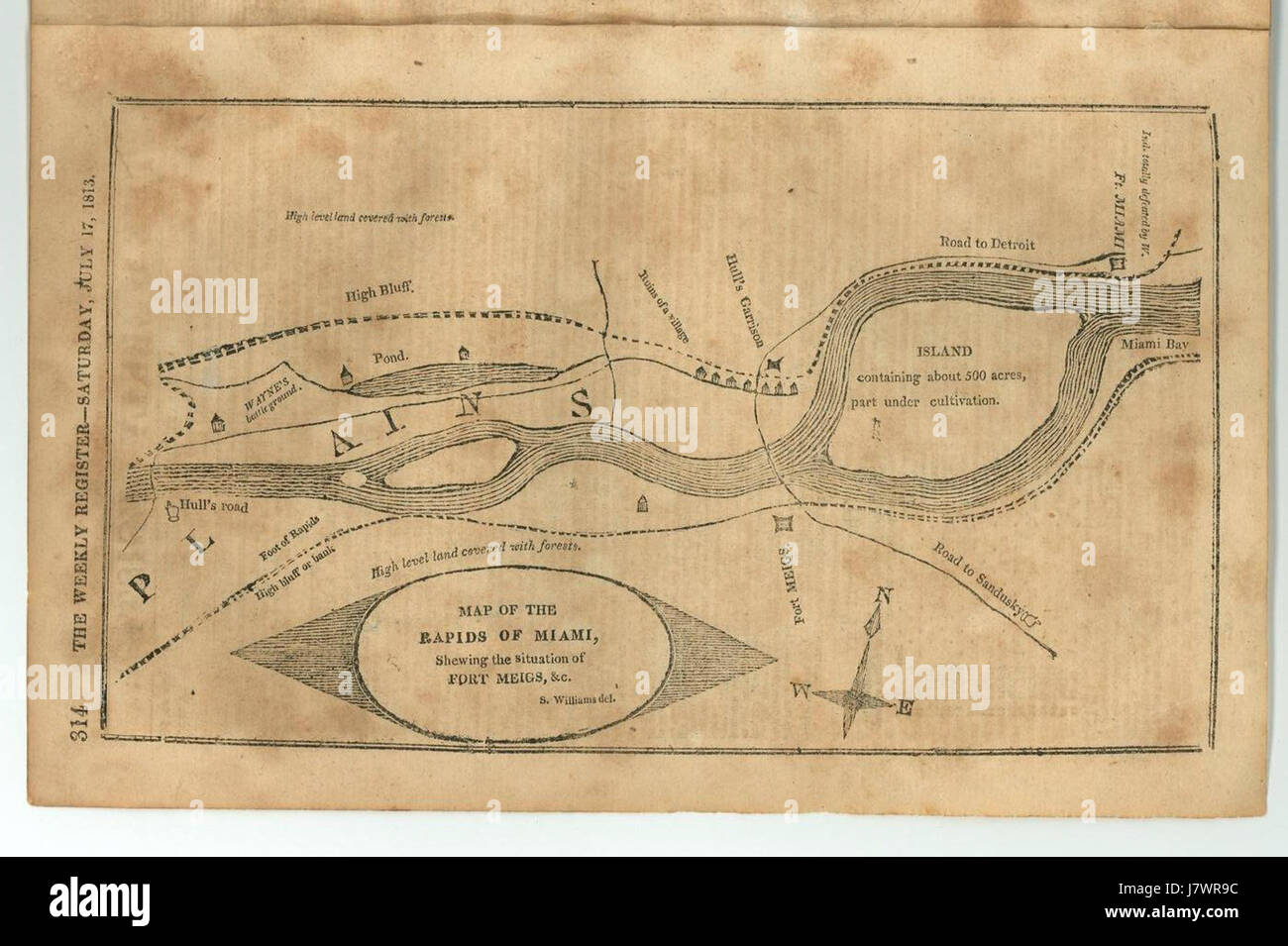 The 1813 map of the Rapids of Miami displays Fort Meigs, a key site ...