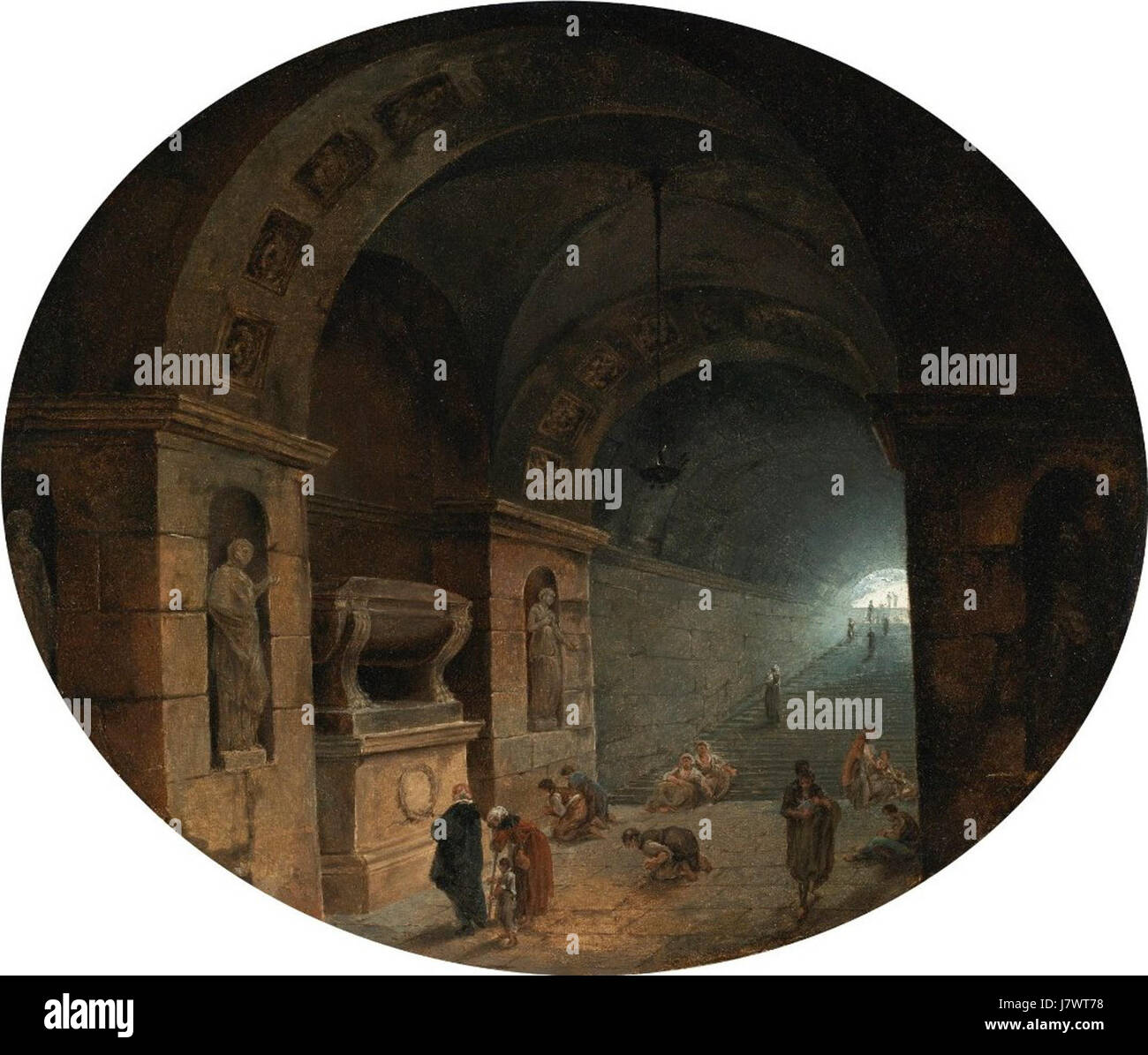 'Figures in a Crypt' by Hubert Robert, a painting depicting a ...