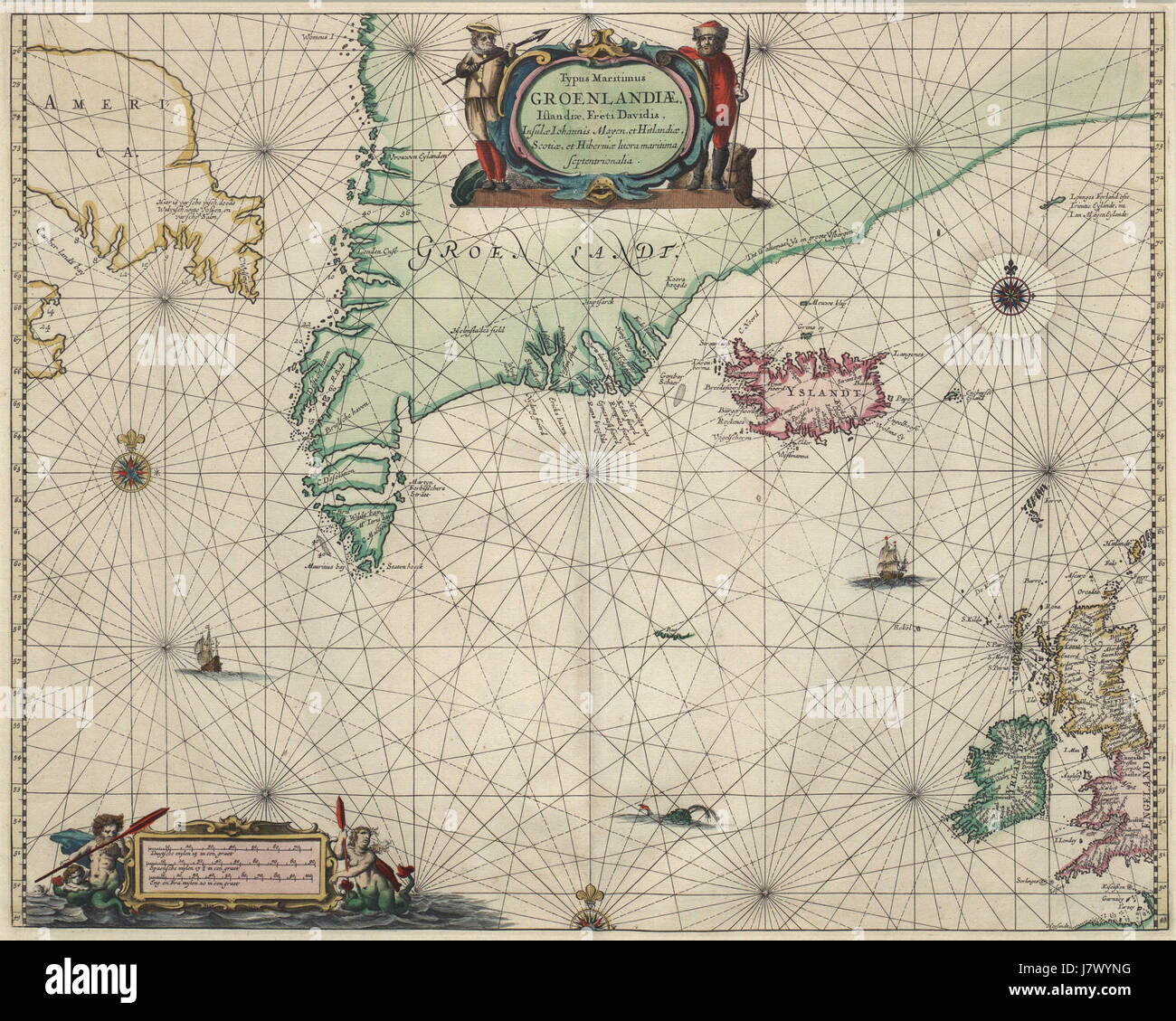 1650 Johannes Janssonius map Northern Atlantic Greenland Stock Photo ...