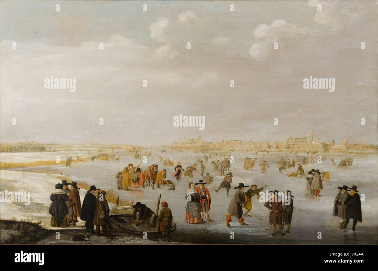 A painting by Hendrick Avercamp, depicting people ice skating on the IJssel River near Kampen ...