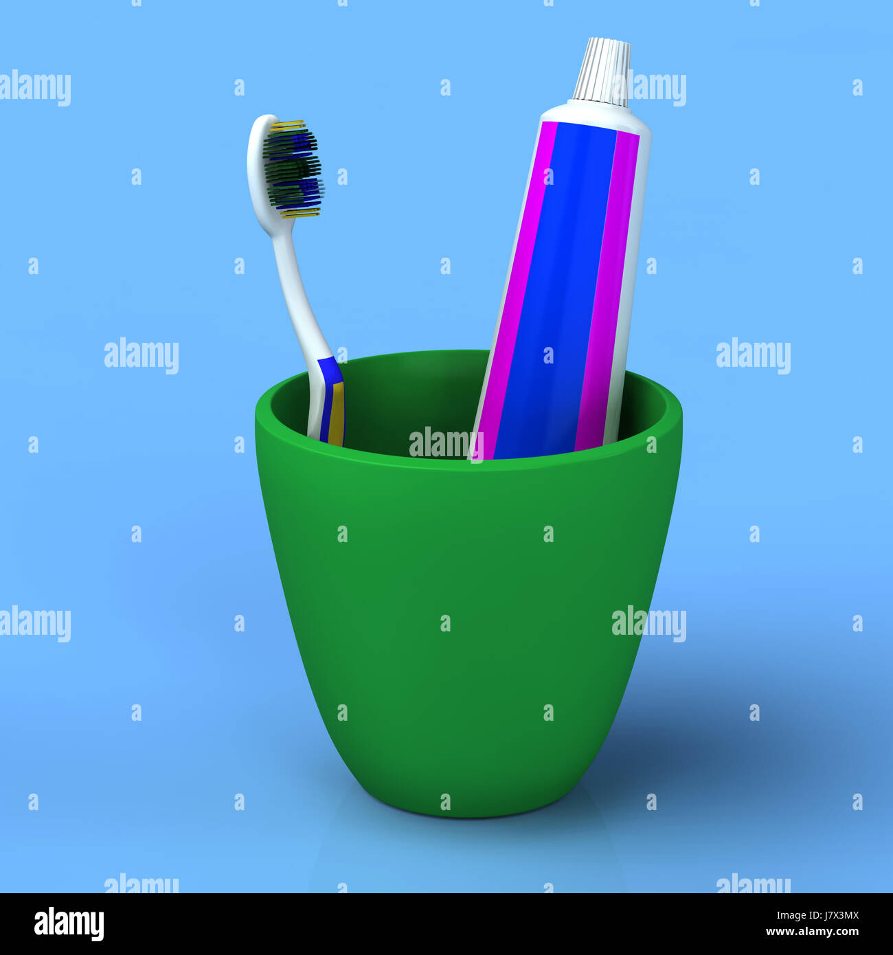 cup green toothpaste in toothbrush and cup blue health medicinally ...