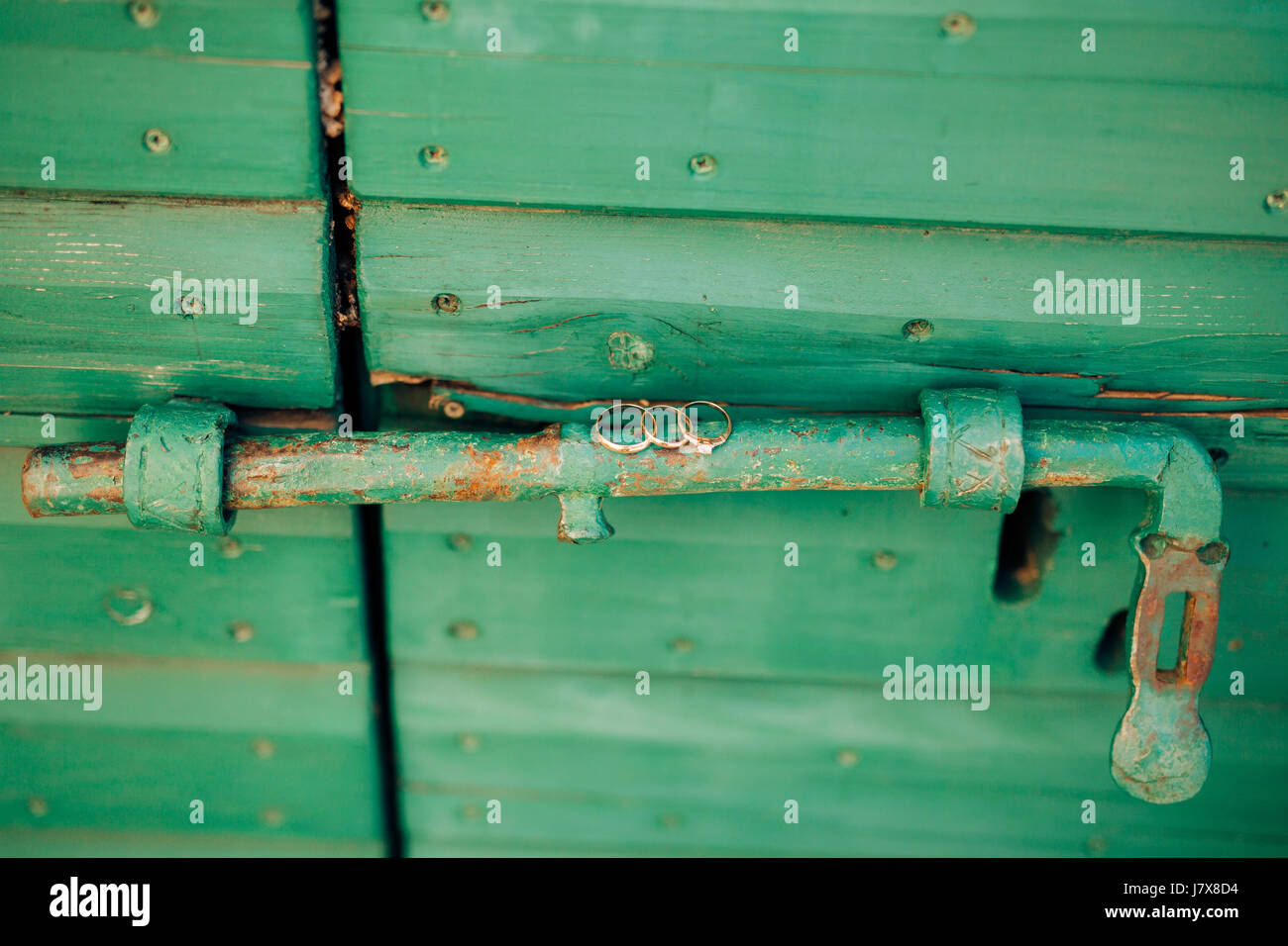 Wedding rings on the green the bolt metal lock Stock Photo - Alamy