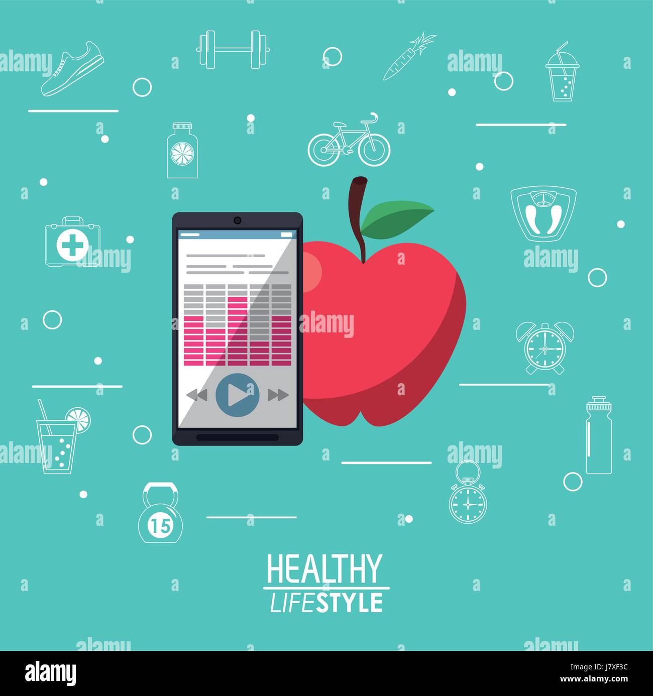 blue background with smartphone with app and apple fruit with ...