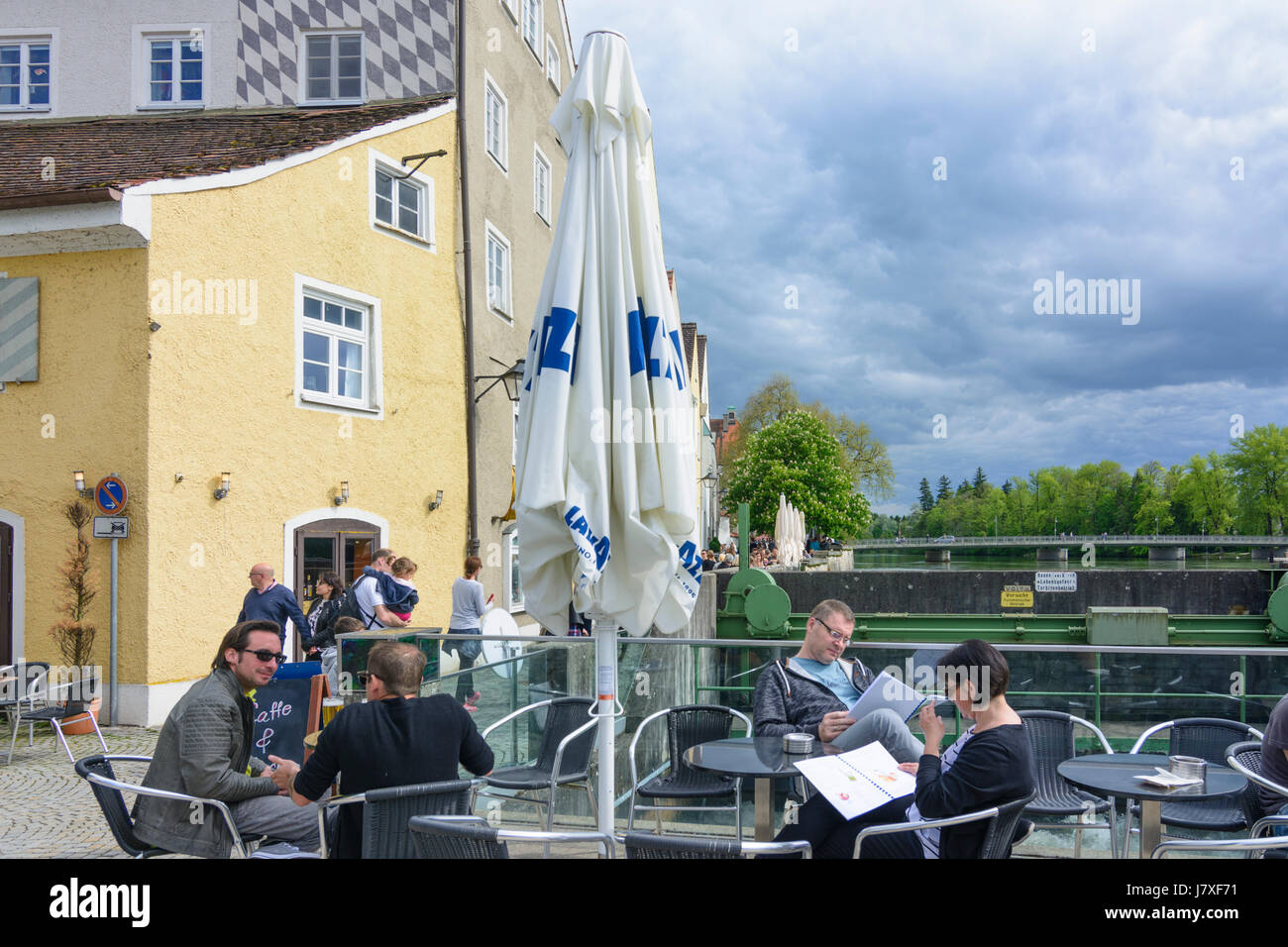 houses and restaurant at river Lech, Landsberg am Lech, Schwaben ...