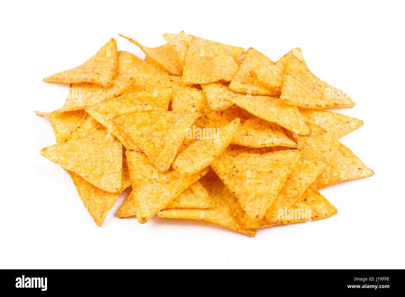 front view of nachos chips on top of each other isolated on white ...
