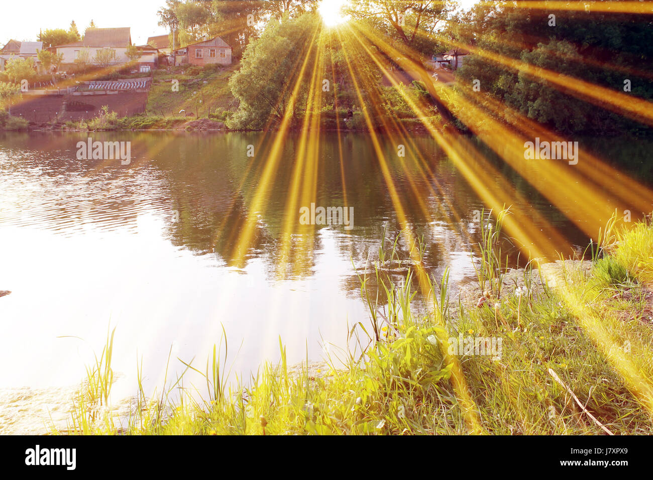 Magic pond. Composition of a pond and rays Stock Photo - Alamy