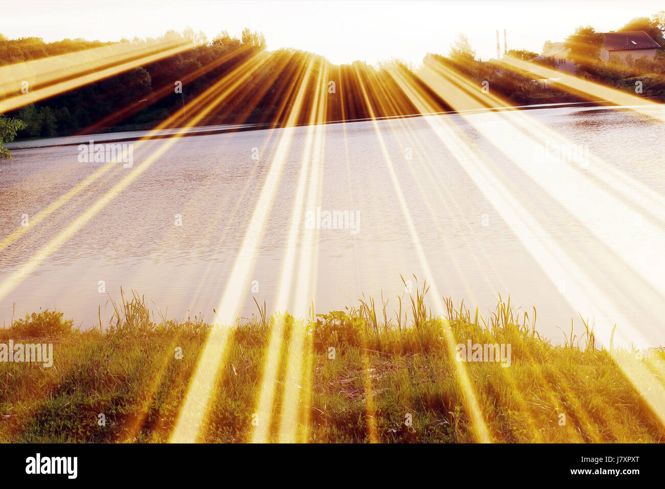 Magic pond. Composition of a pond and rays Stock Photo - Alamy