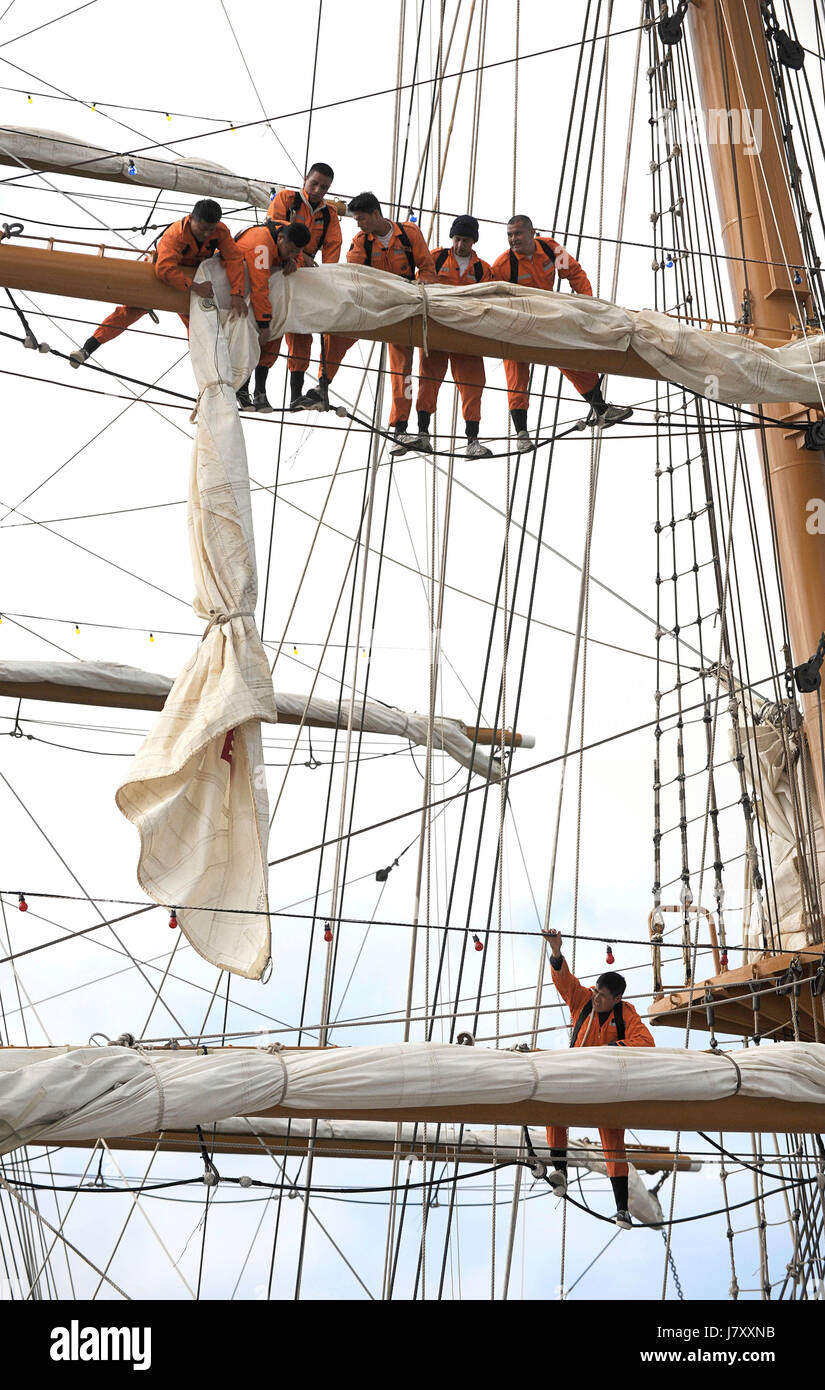 Lowering the sails at The Guayas,training ship of the Ecuatorian Navy ...