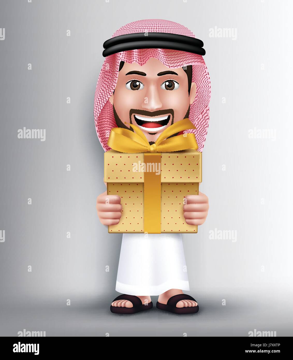 Saudi Arab Man Wearing Thobe Giving Golden Gift with Ribbon for ...