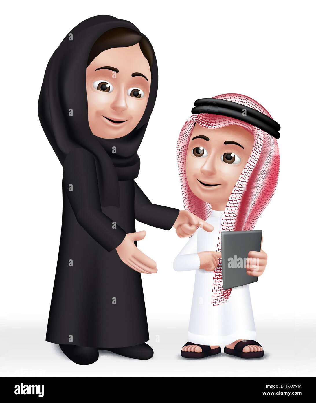 Arab Teacher Woman Character Teaching Boy Student in Mobile Tablet ...