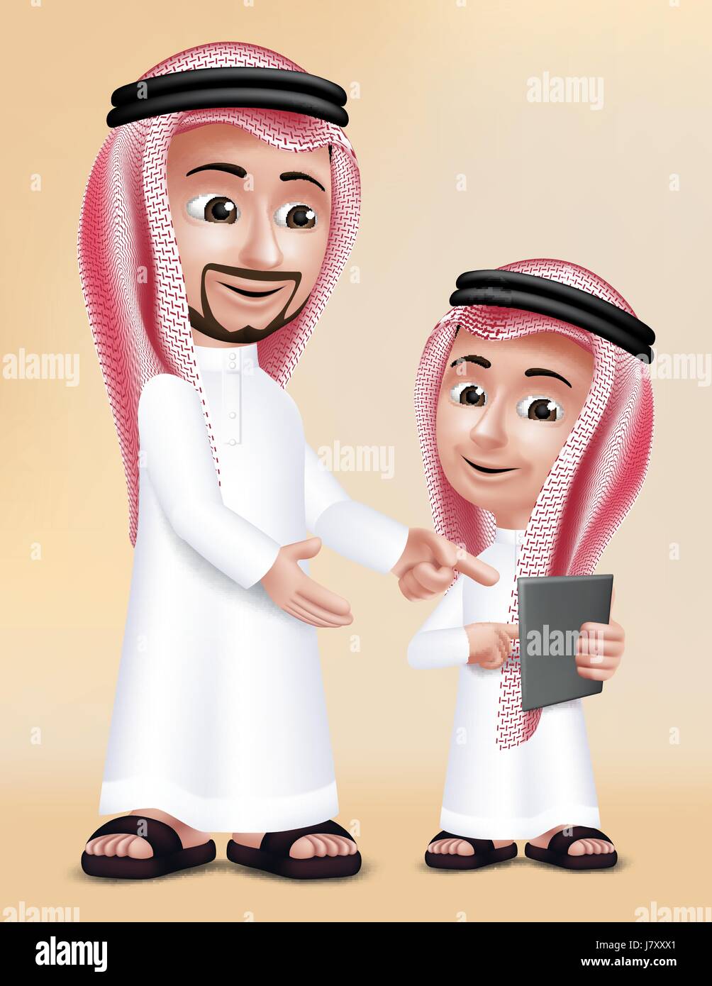 Arab Teacher Man Character Teaching Boy Student in Mobile Tablet About ...