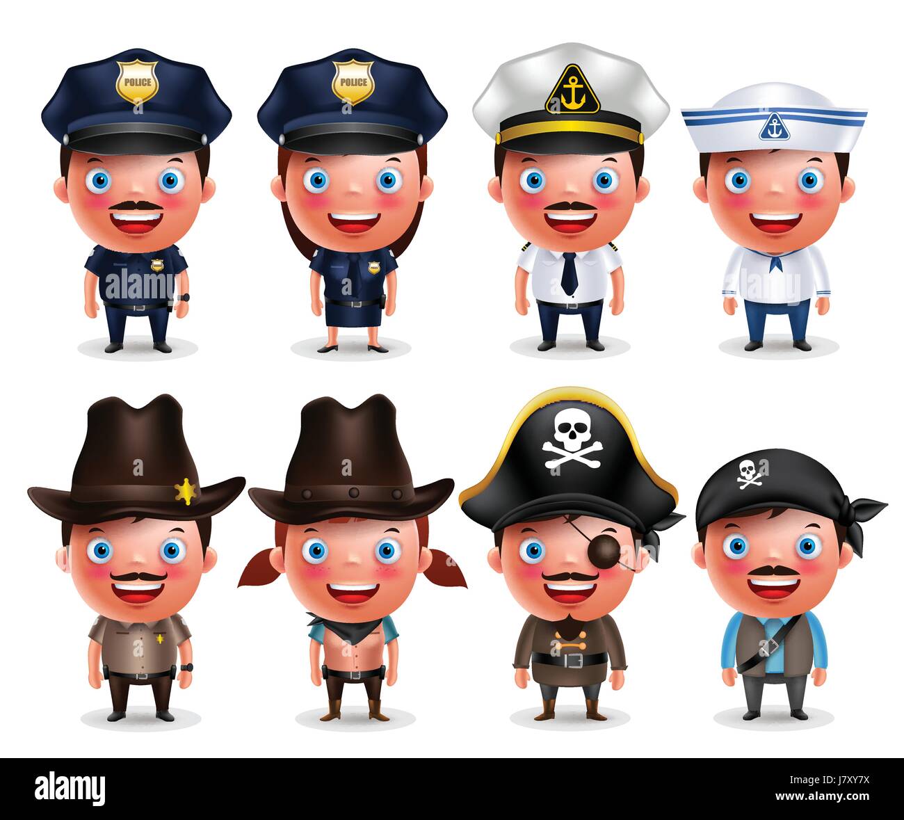 Police, seafarers, captain, sheriff, cowgirl and pirates vector ...