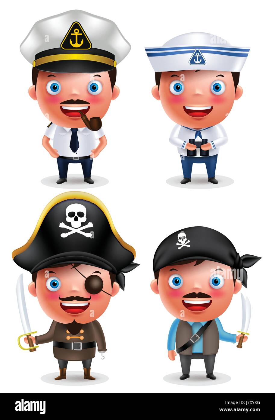 Ship captain, seafarer and pirates vector character set with uniform ...