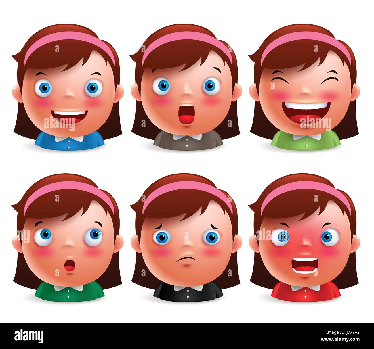 Young girl kid avatar facial expressions set. Cute emoticon heads ...