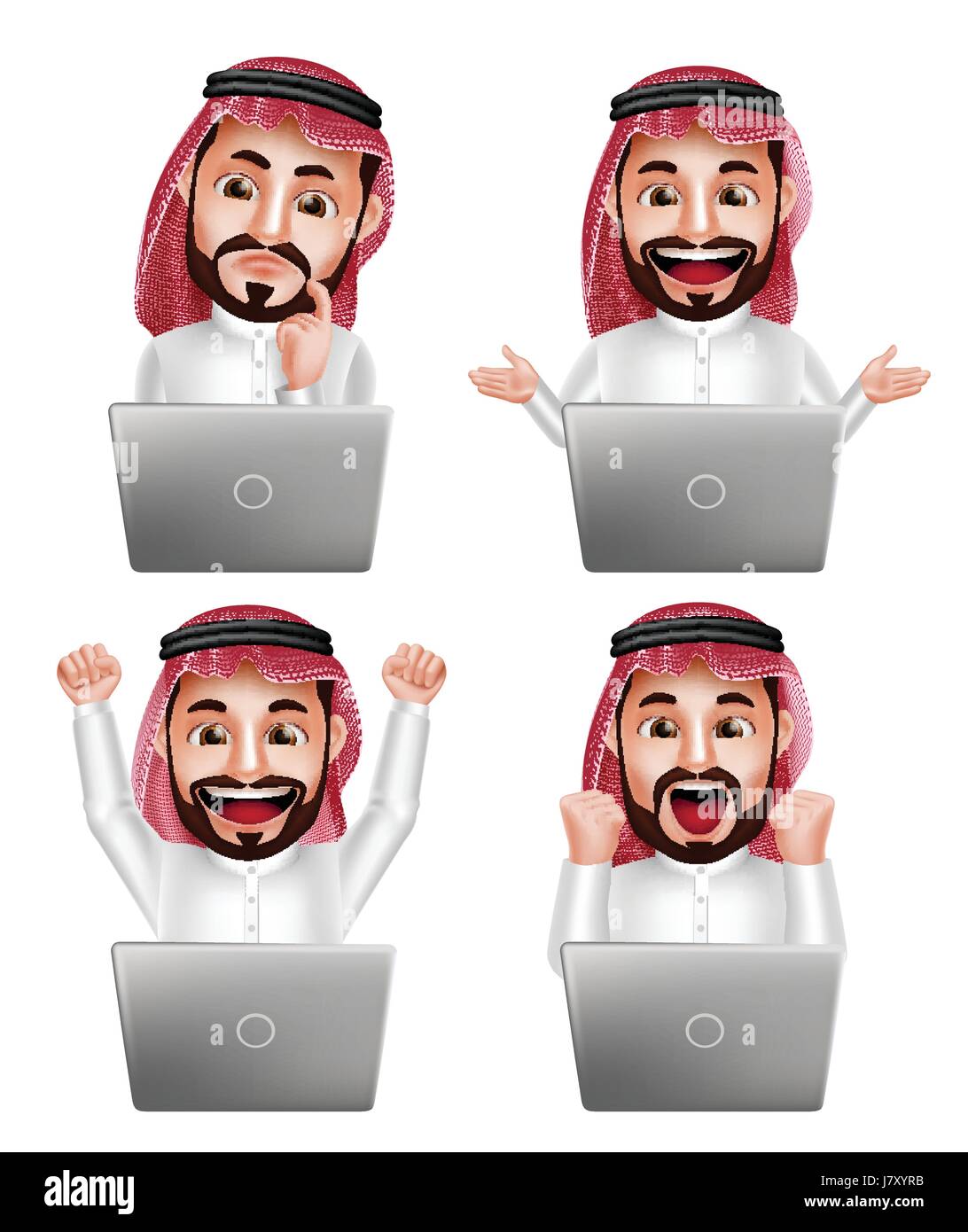 Saudi Arab man vector character set in front of laptop with different ...