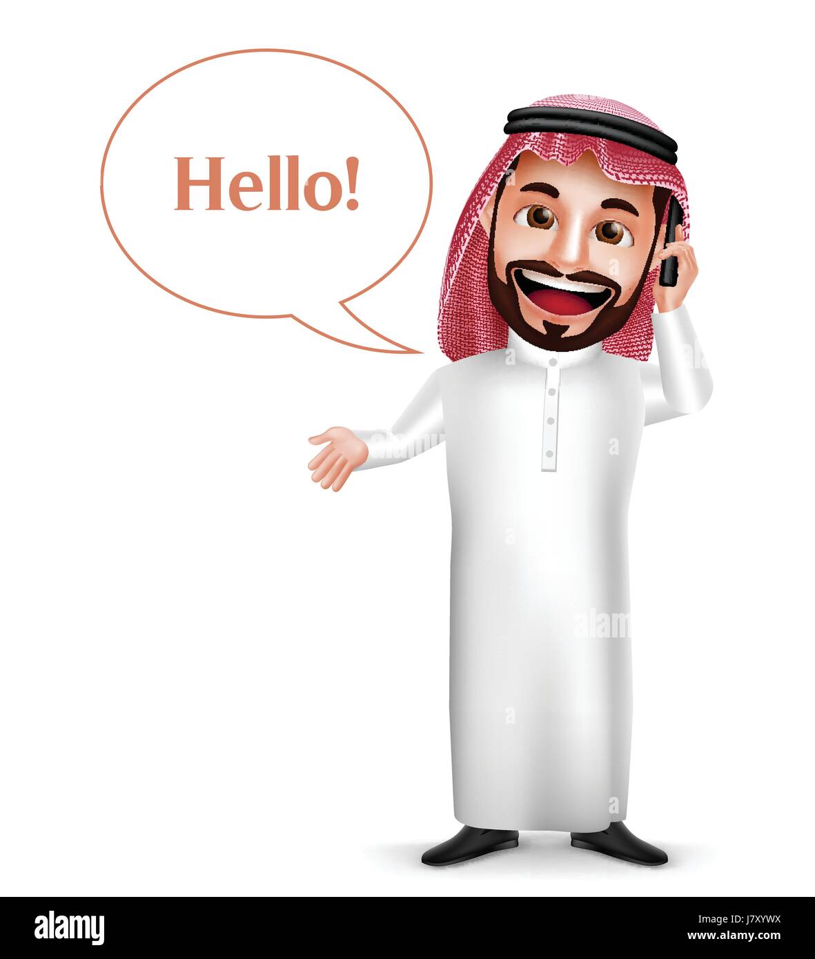 Saudi Arab man vector character holding mobile phone calling with hello ...