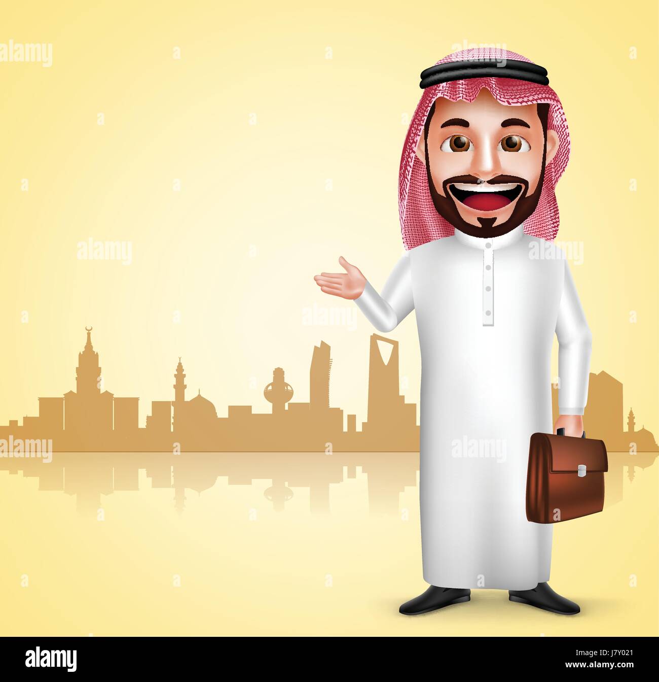 Saudi Arab man vector character wearing thobe showing city landmark in ...