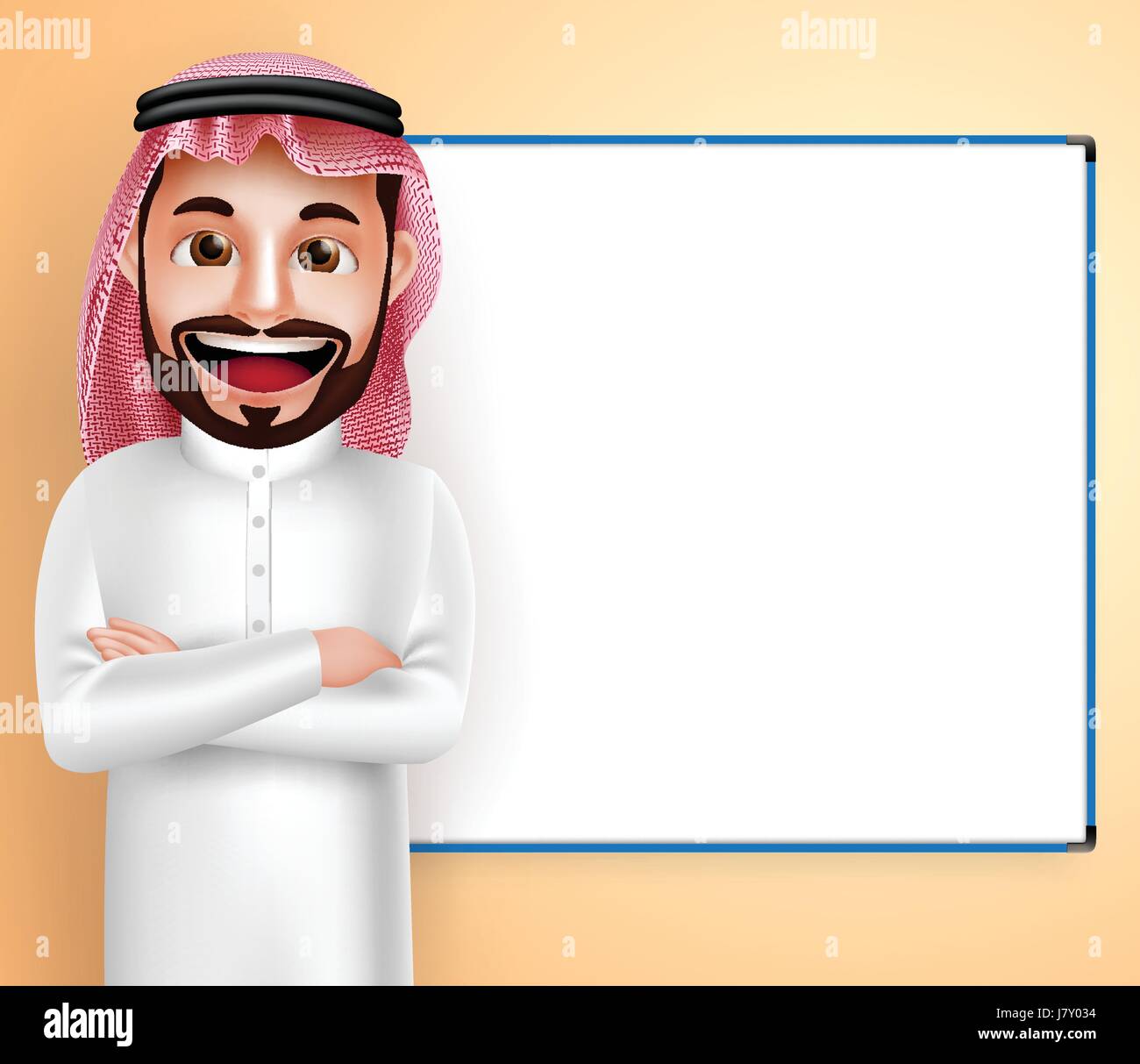 Saudi Arab man vector character wearing thobe speaking with blank white ... Saudi Arab man vector character wearing thobe speaking with blank white ...