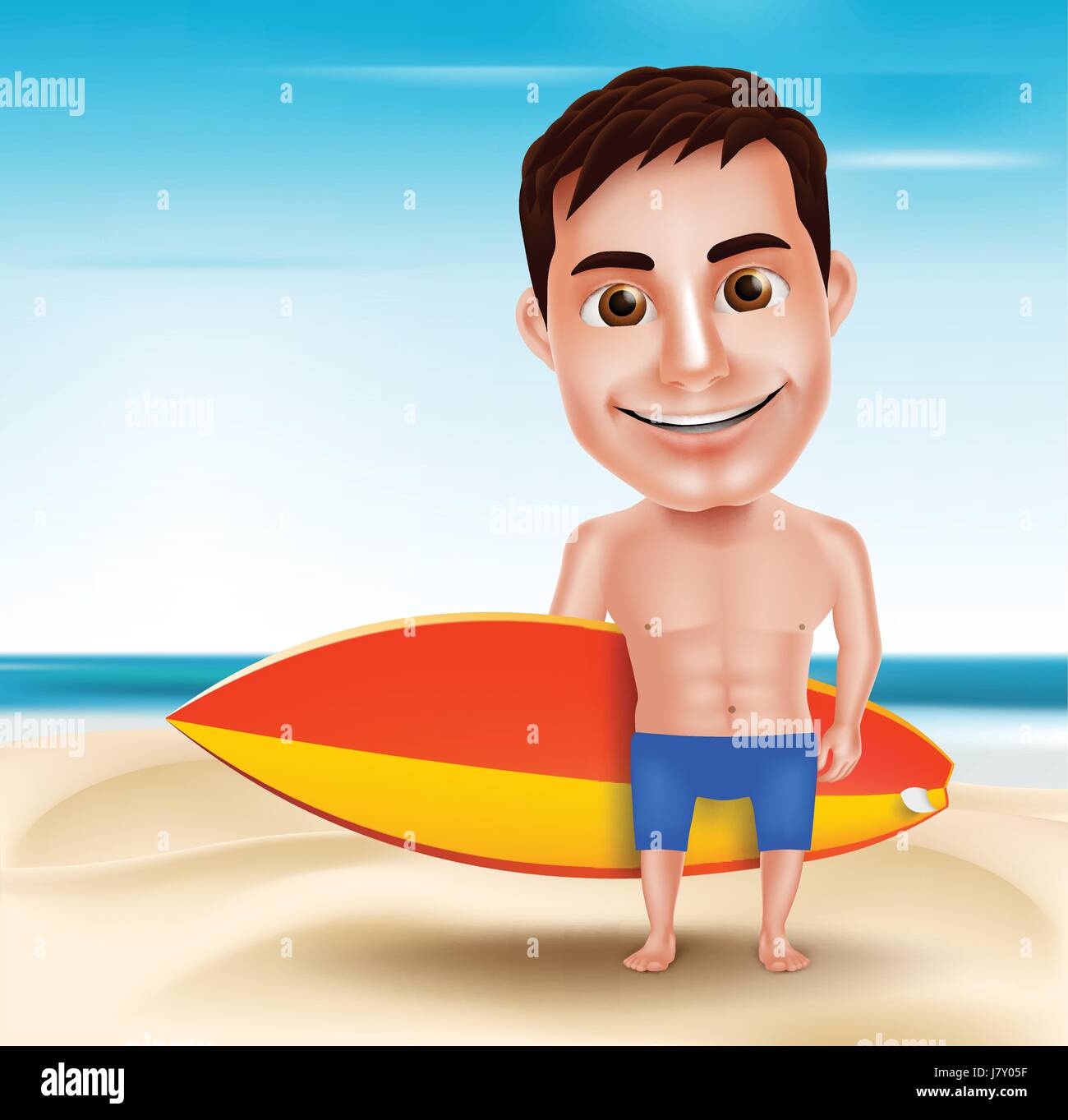 Smiling Handsome Surfer Man Vector Character Holding Surfboard For