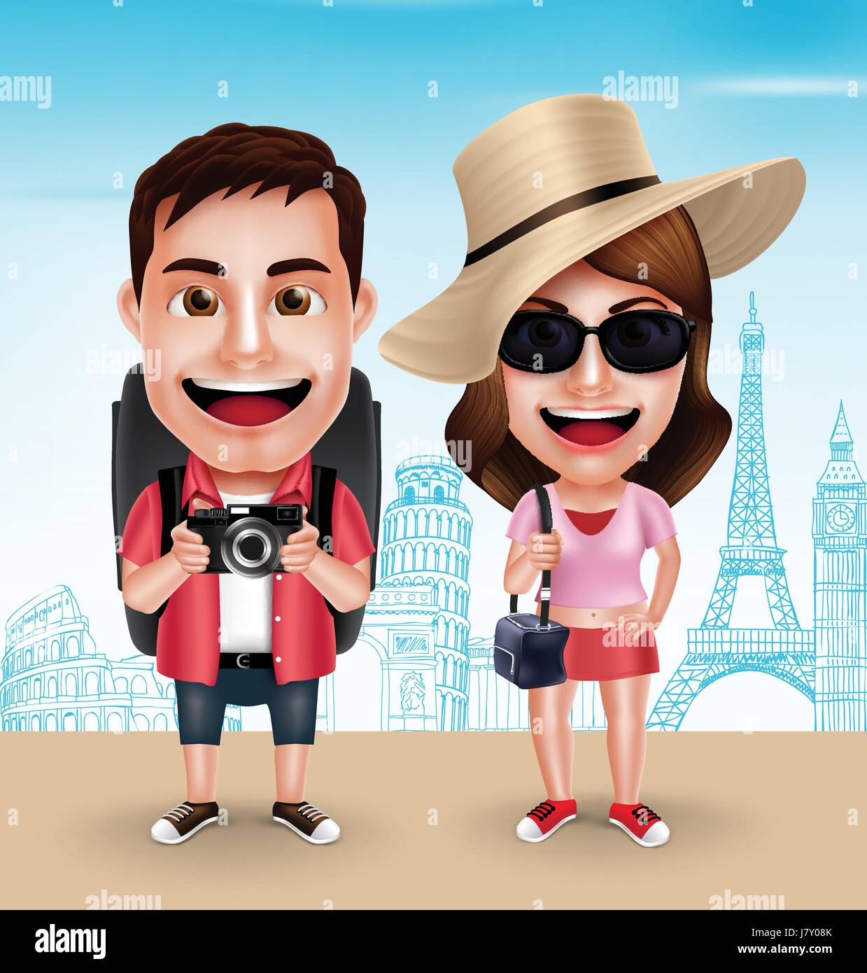 Tourist Traveler Couple Vector Characters Wearing Casual with Traveling ...