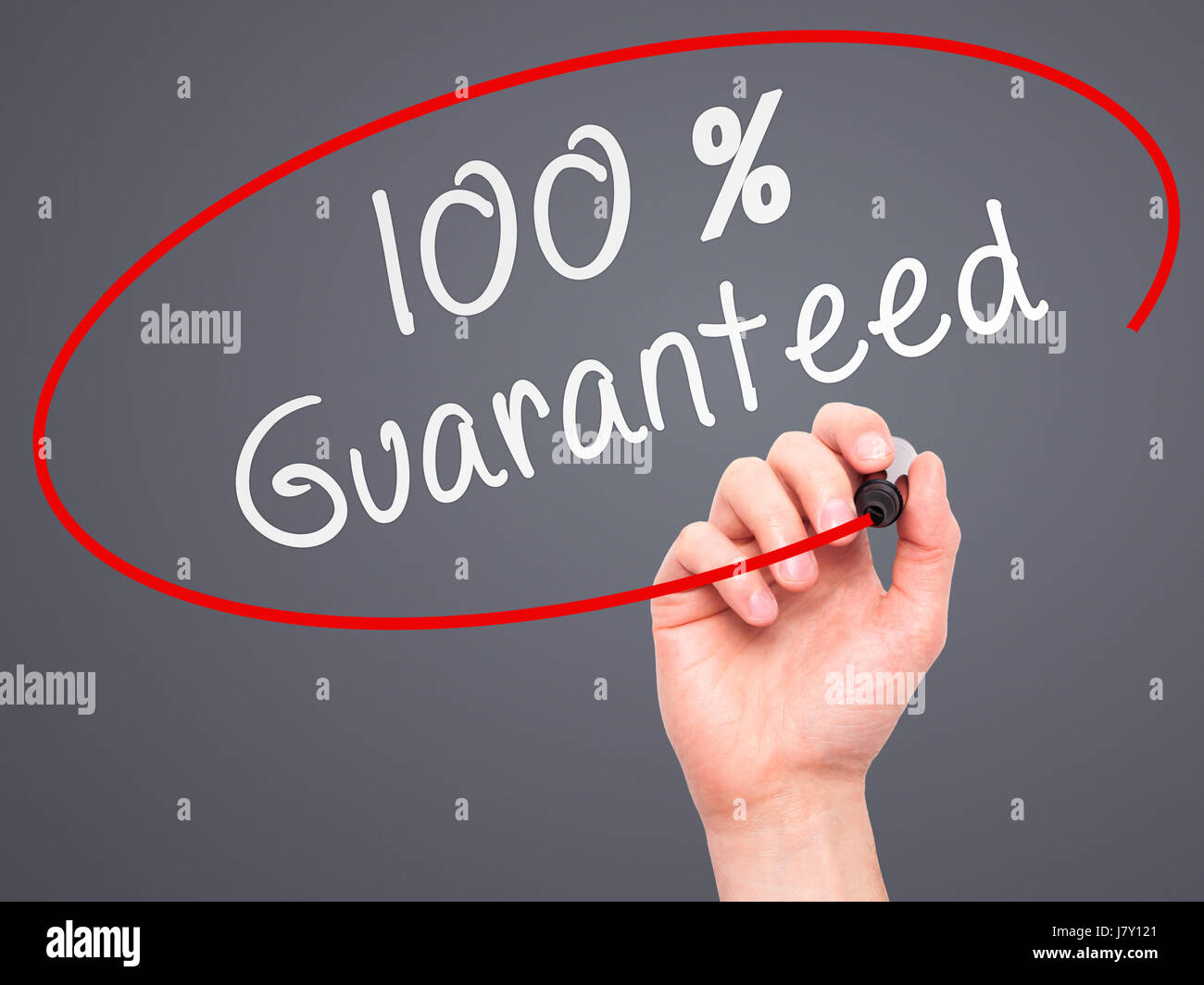 Man Hand writing 100 Percent Guaranteed with marker on transparent wipe ...
