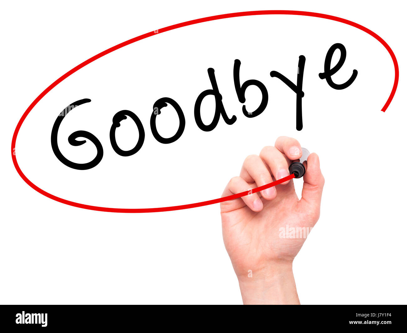 Man Hand writing Goodbye with marker on transparent wipe board ...