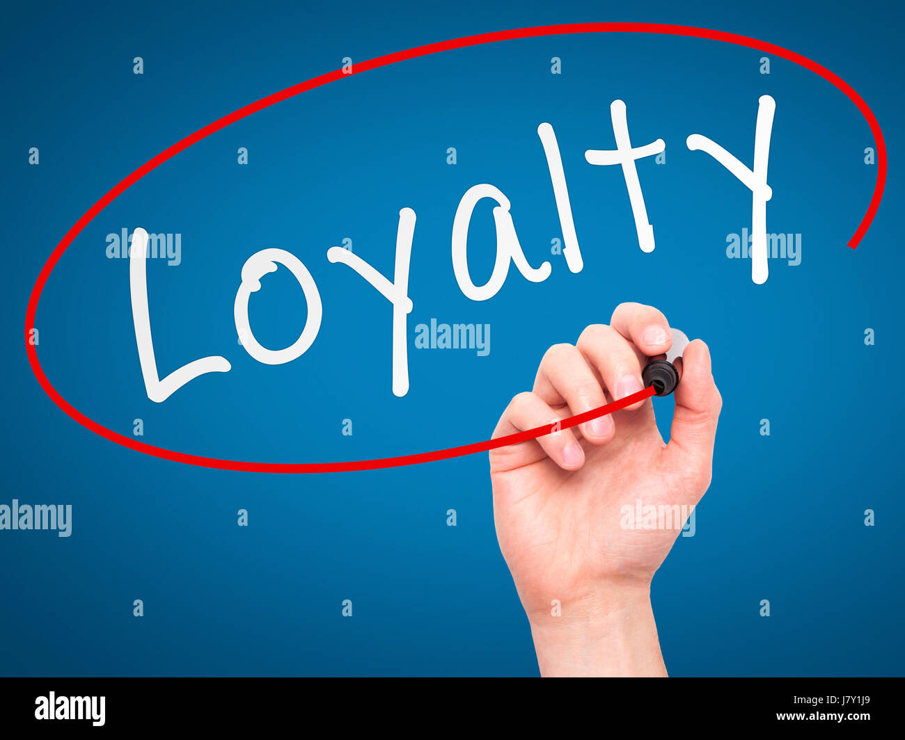 Man Hand writing Loyalty with marker on transparent wipe board ...