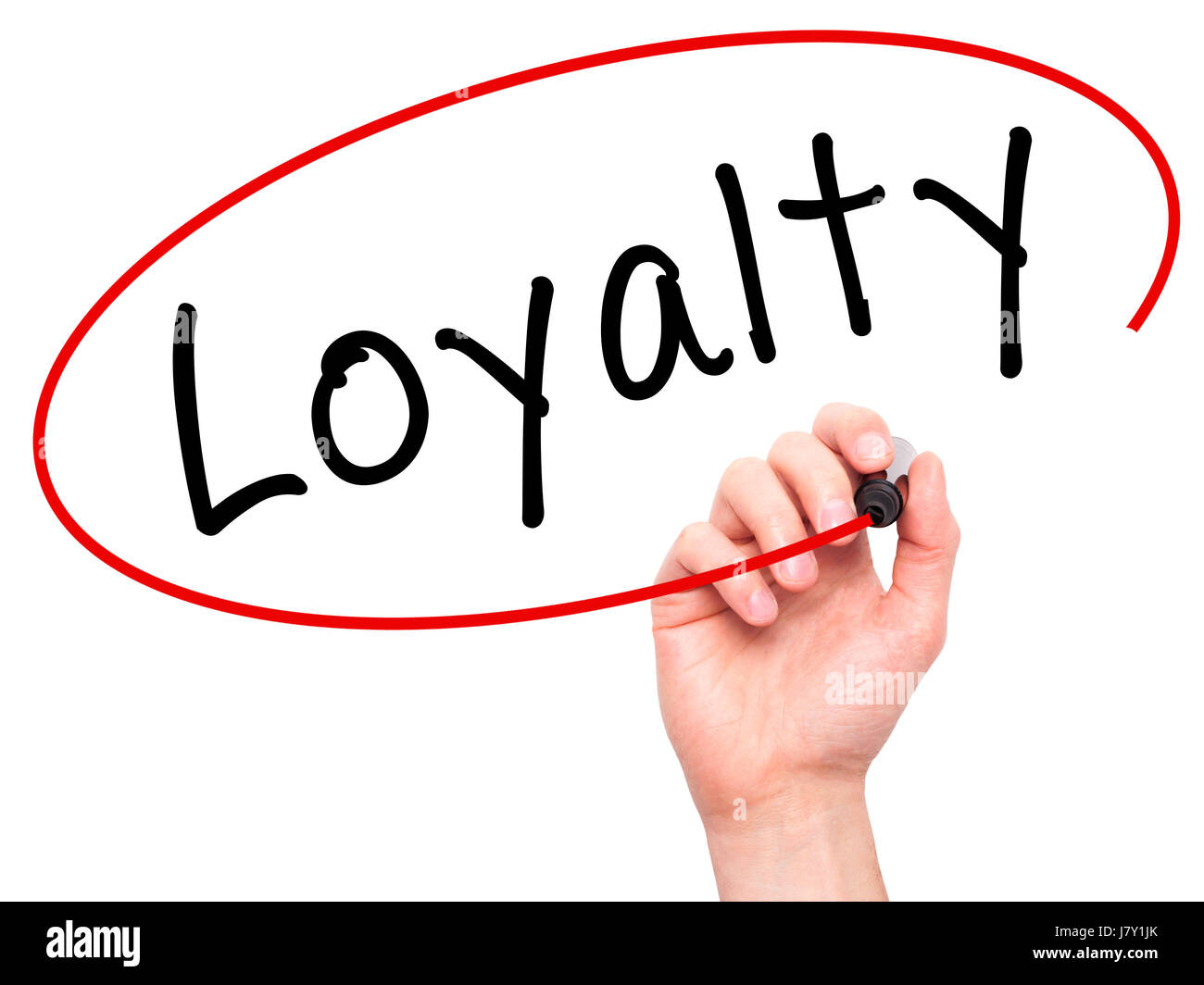 Man Hand writing Loyalty with marker on transparent wipe board ...