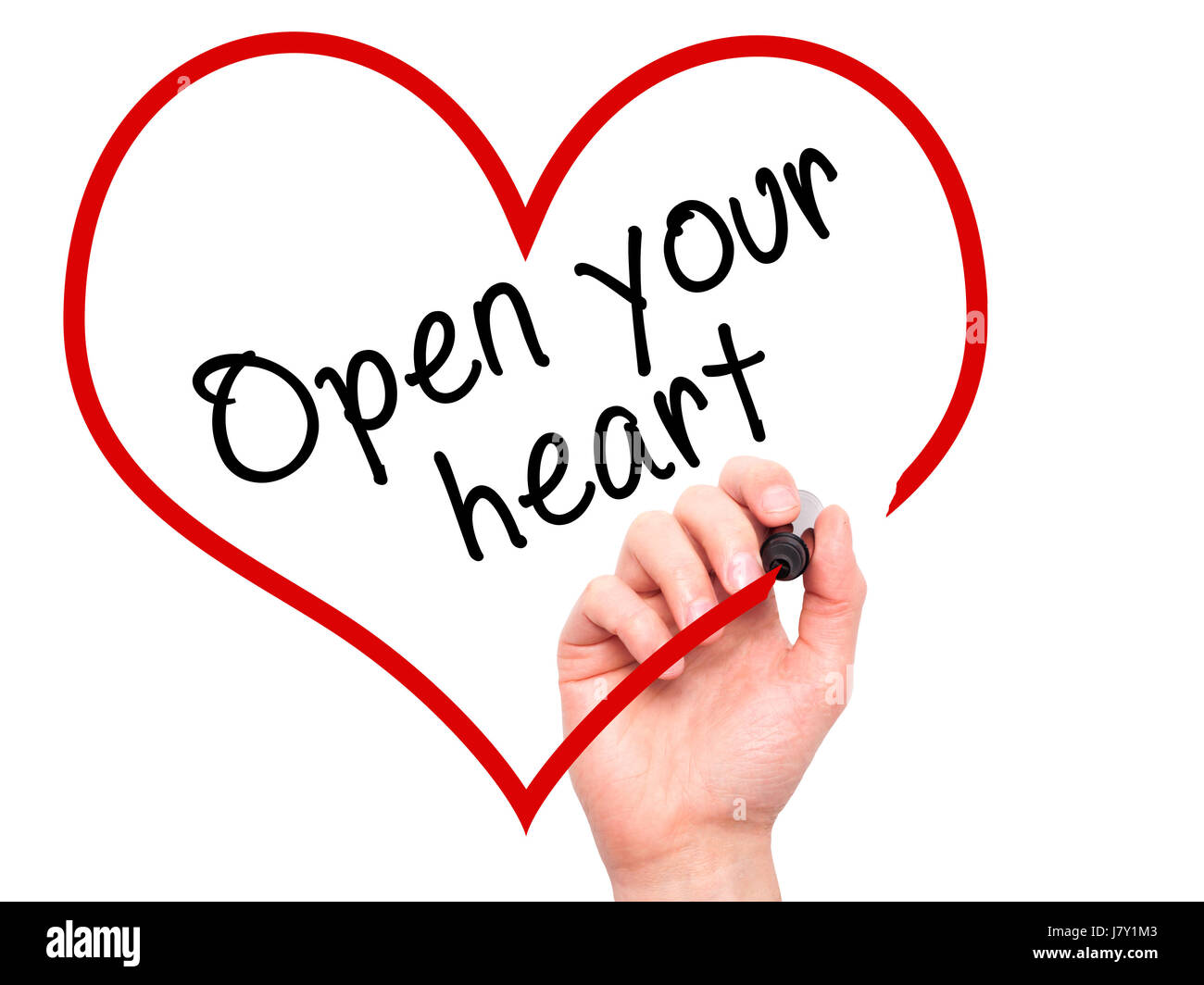 Man Hand writing Open your heart with marker on transparent wipe board ...