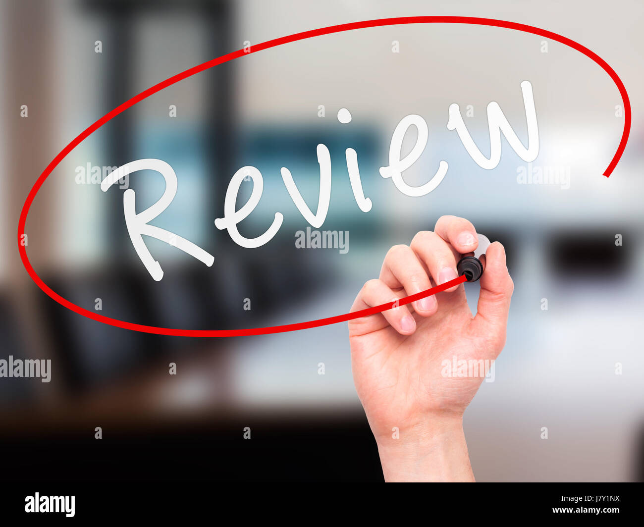 Man Hand writing Review with marker on transparent wipe board. Isolated ...