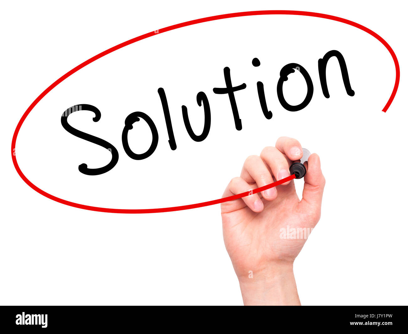 Man Hand writing Solution with marker on transparent wipe board ...