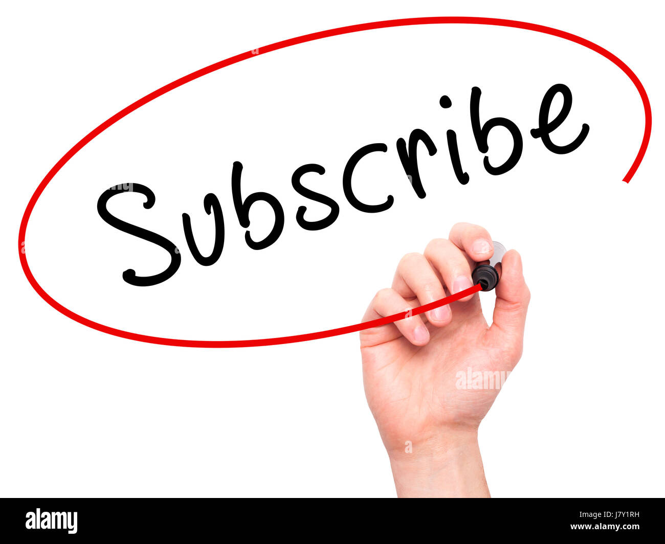 Man Hand writing Subscribe with marker on transparent wipe board ...