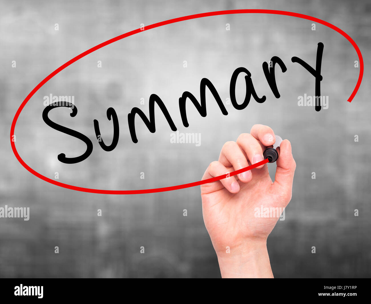 Man Hand writing Summary with marker on transparent wipe board ...