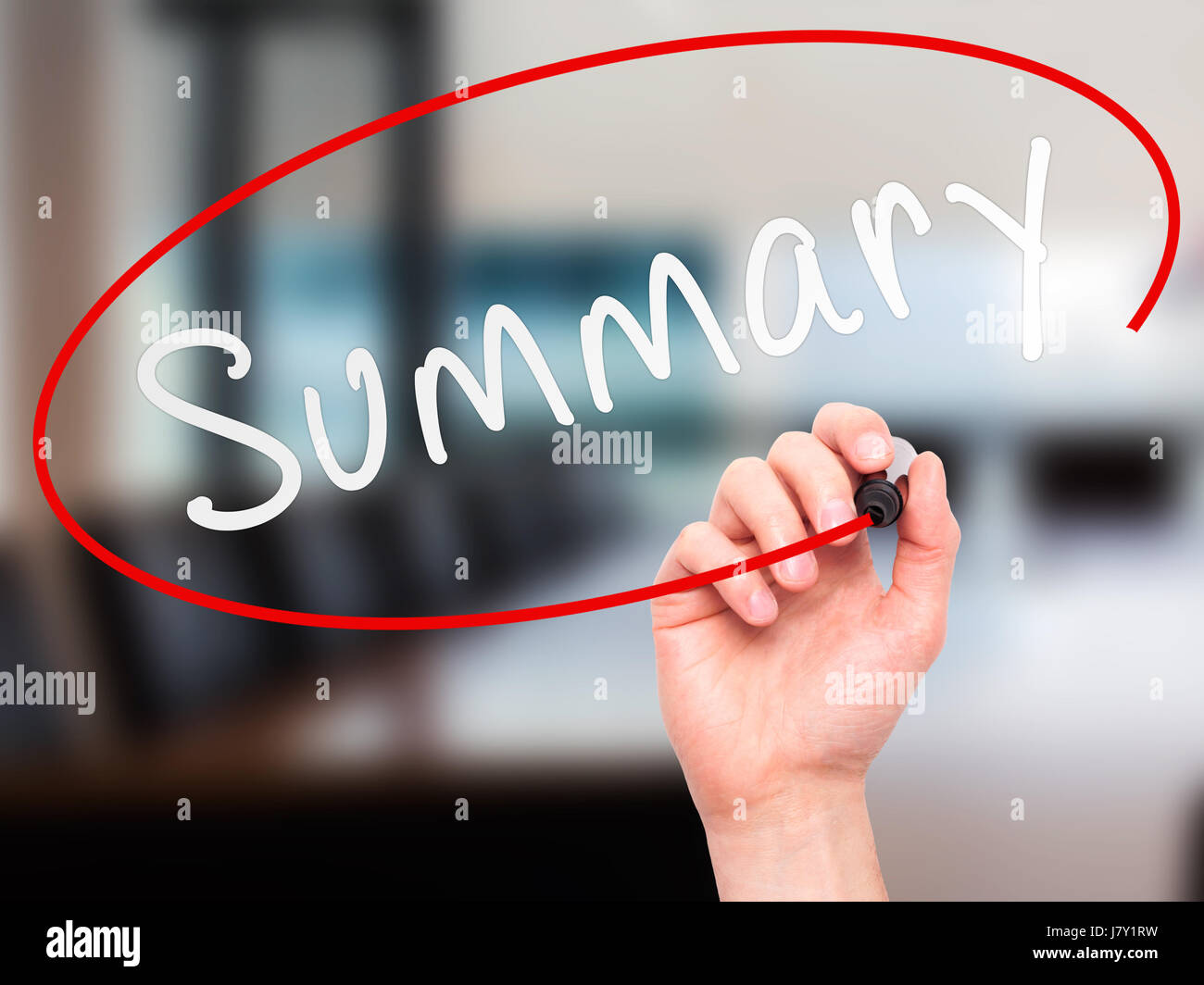 Man Hand writing Summary with marker on transparent wipe board ...